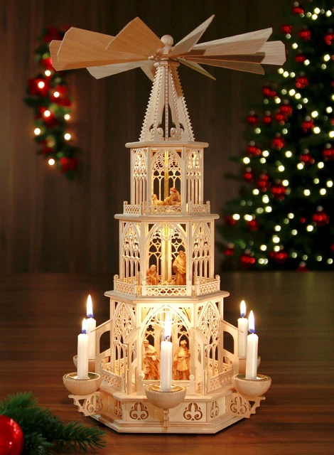 TILGNER WEIHNACHTSPYRAMIDE ERZGEBIRGE, innen mit LED, geschnitzte ...