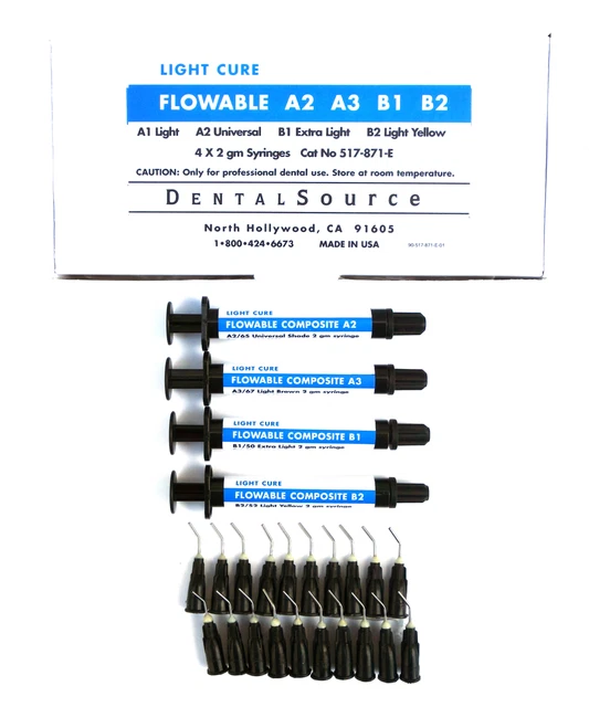 LIGHT CURE FLOWABLE Composite 4 Syringe Kit Shade A2, A3, B1 & B2 ...