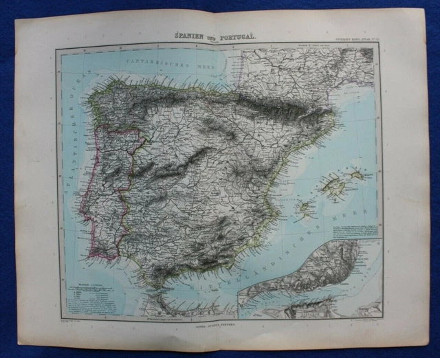 ORIGINAL ANTIQUE MAP SPAIN, PORTUGAL, IBERIAN PENINSULA, Stieler, 1891 ...