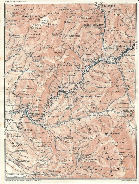 CARTA GEOGRAFICA ANTICA TIVOLI e VALLE dell' ANIENE TCI 1924 Old ...