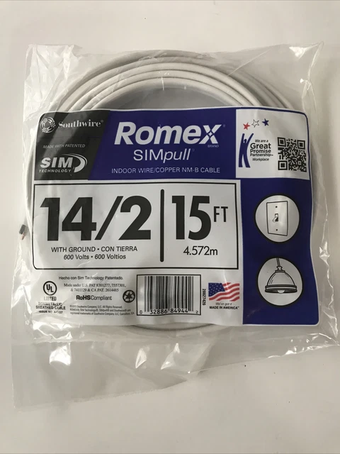 SOUTHWIRE SIMPULL ROMEX 15 Ft 14/2 Indoor Wire/Copper NM-B Cable NEW £9 ...