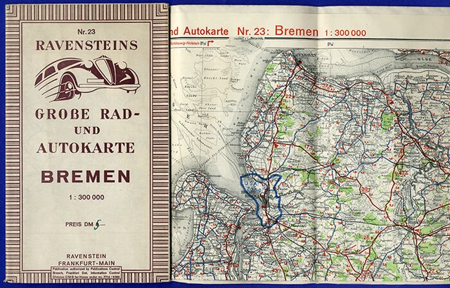 VECCHIA MAPPA RAVENSTEIN auto mappa stradale Brema Mare del Nord vuoto ...