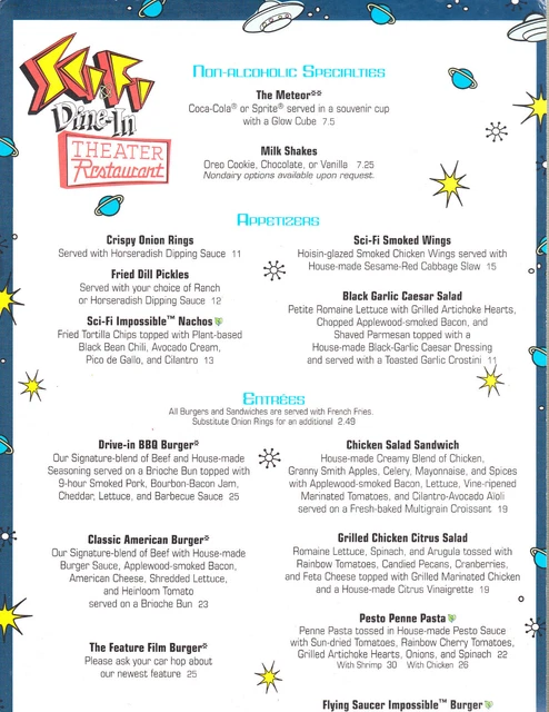 CURRENT, SCI-FI DINE-IN Menu, Disney's Hollywood Studios, Walt Disney ...