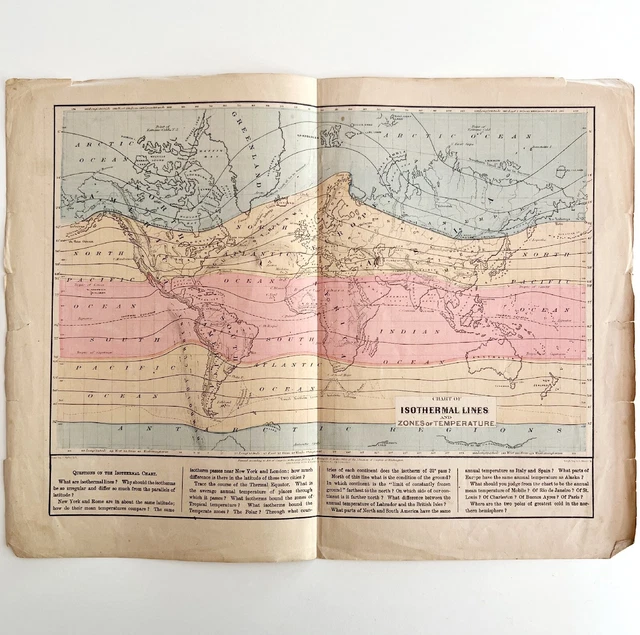 MAP OF THE World 1884 Isothermal Zones Temperatures Victorian ...