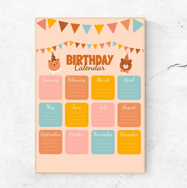 BIRTHDAY CALENDAR WALL Chart Year Planner Holidays Birthday Preparation ...