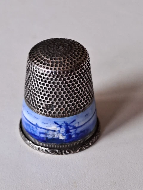 VINTAGE GABLER THIMBLE Silver 800 With Blue & White Windmill Enamel ...