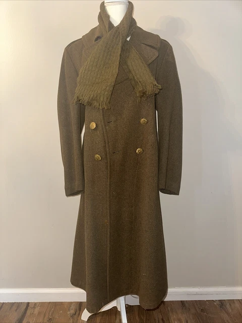 WW2 US ARMY Trench Coat 1940s Overcoat Heavy Wool Green W/ Scarf 36R £ ...