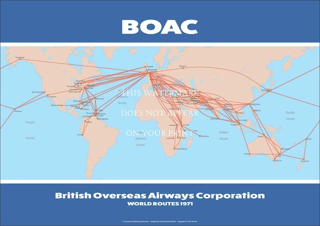 BOAC WORLD ROUTES Map 1971 A3 Art Print – Global Network – 59 x 42 cm ...