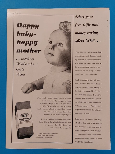 WOODWARD'S GRIPE WATER / Diaparene Antiseptic - Baby Care - 1962 Print ...