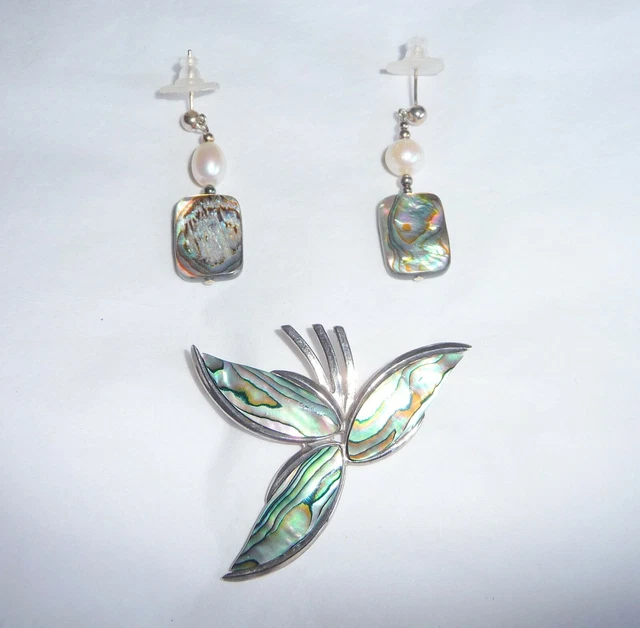 VINTAGE STERLING SILVER Ataahua Abalone paua shell brooch and earrings ...