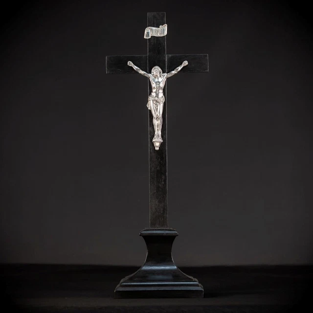 ALTAR CRUCIFIX | Antique Standing Wooden Cross | Solid Silver Jesus ...