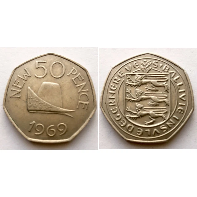 GUERNSEY ENGLAND UK Great Britain 50 p Fifty Pence 1969 Km# 25 RARE ...