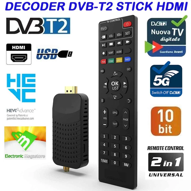 DECODER DIGITALE TERRESTRE Dvb-T2 HD HDMI Hevc H265 10 bit Mini Stick ...