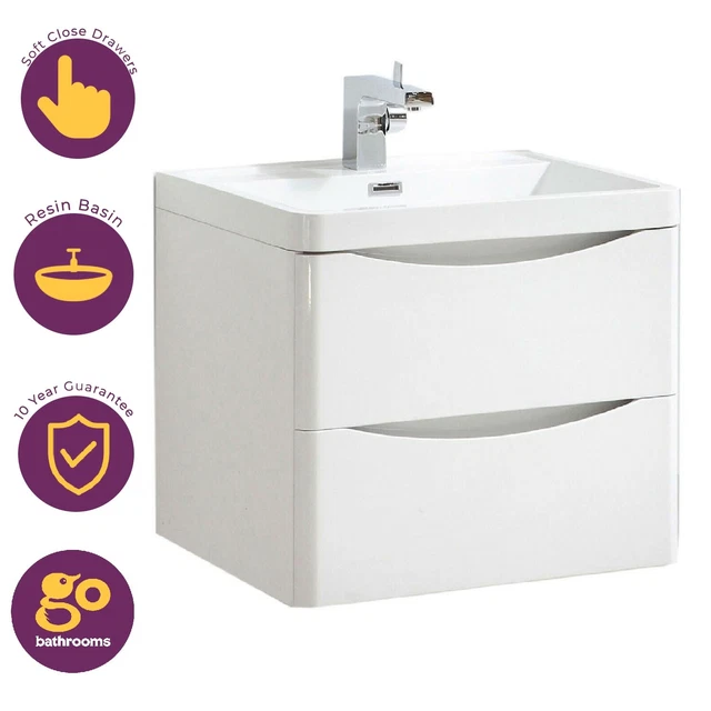 WHITE GLOSS BATHROOM Vanity Unit Sink Basin 600mm Wall Hung & Resin ...