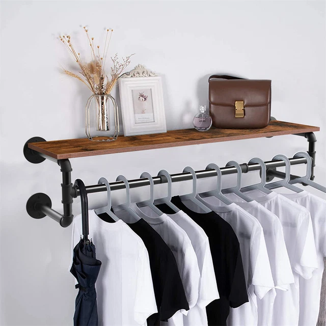 CLOTHES RACK W/ Top Shelf Industrial Pipe Wall Mounted Garment Rack ...