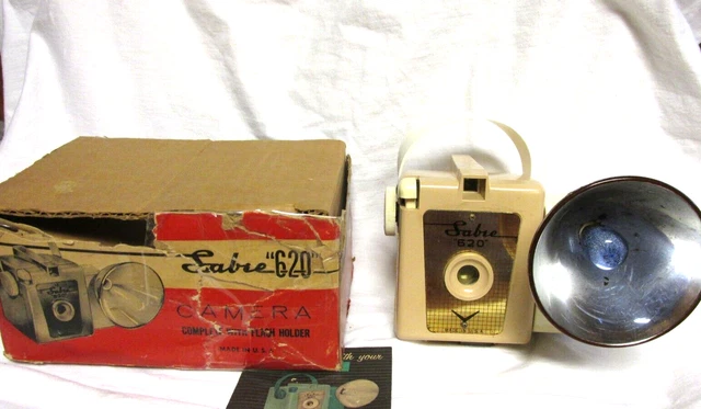 VINTAGE 1950S SABRE 620 CAMERA w/ FLASH & BULB & MANUAL & BOX PLEASE ...
