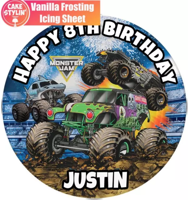 MONSTER JAM EDIBLE Icing Sheet Cake Topper Round Image PERSONALISED ...