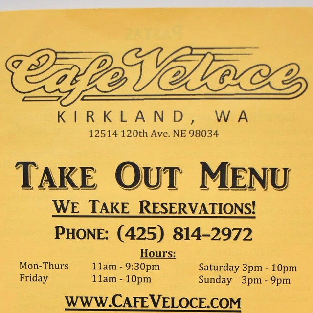 1990S CAFE VELOCE Restaurant Menu 12514 120th Avenue NE Kirkland ...