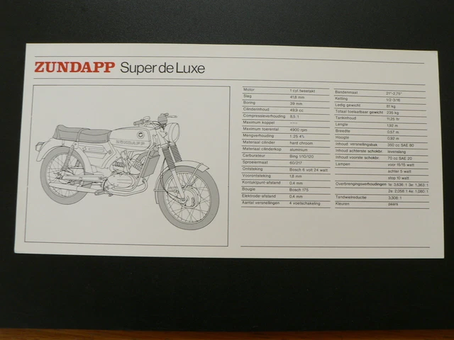 ZUNDAPP SUPER DE Luxe Waterkoeling Technical Infocard Bromfiets,Moped ...