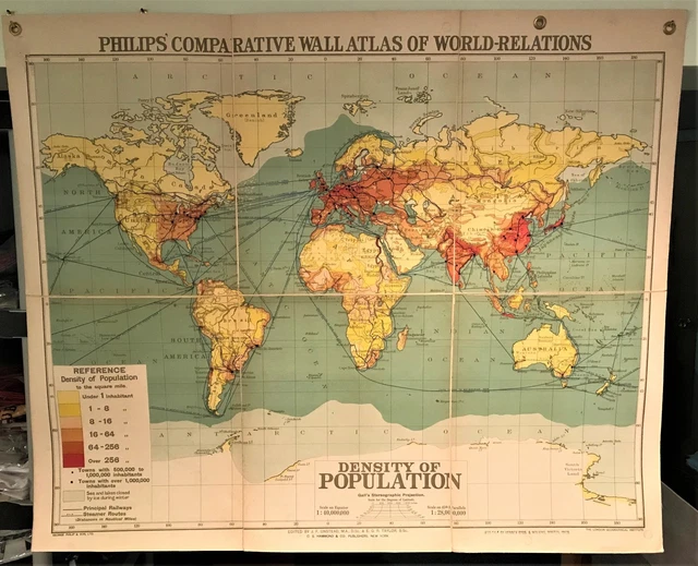 ORIGINAL 1921 PHILIPS' Comparative Wall Atlas Map World Population ...