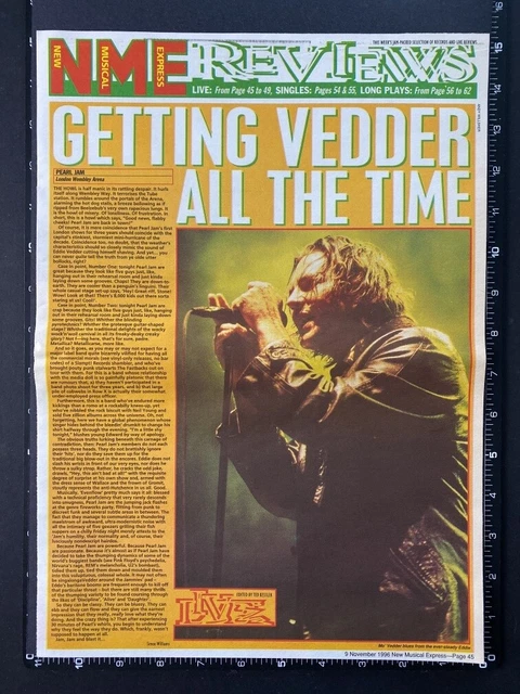 PEARL JAM - LONDON WEMBLEY ARENA NME REVIEW 1996 - 15x11" ADVERT POSTER ...