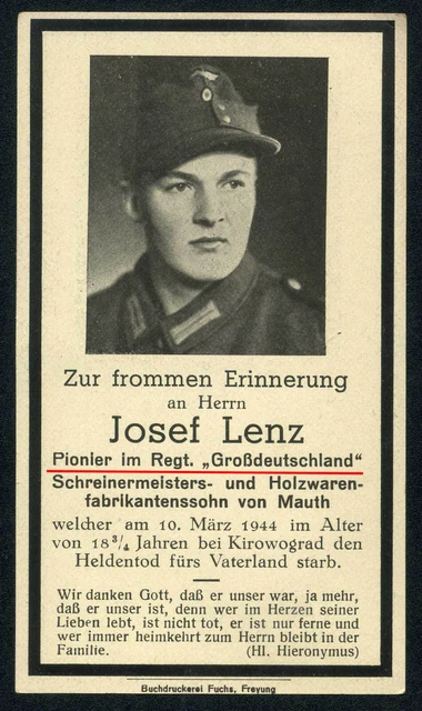 STERBEBILD - DEATH Card - REGT. GROSSDEUTSCHLAND GD - Ostfront 1944 EUR ...