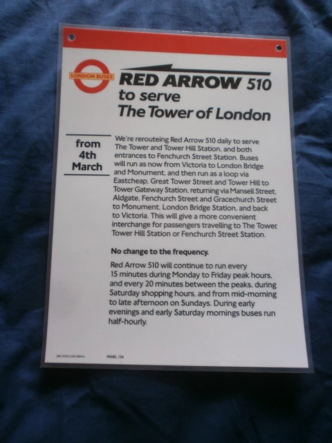 LONDON TRANSPORT BUS Stop Timetable Panel Poster-Red Arrow Route 510 £1 ...