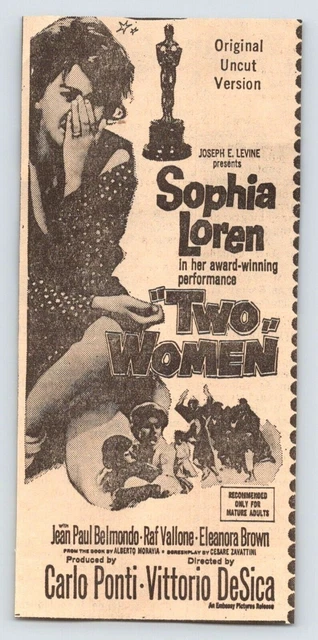 1963 SOPHIA LOREN TWO WOMEN MOVIE AD Vintage 2.5"X5.5" Newspaper 1960's ...