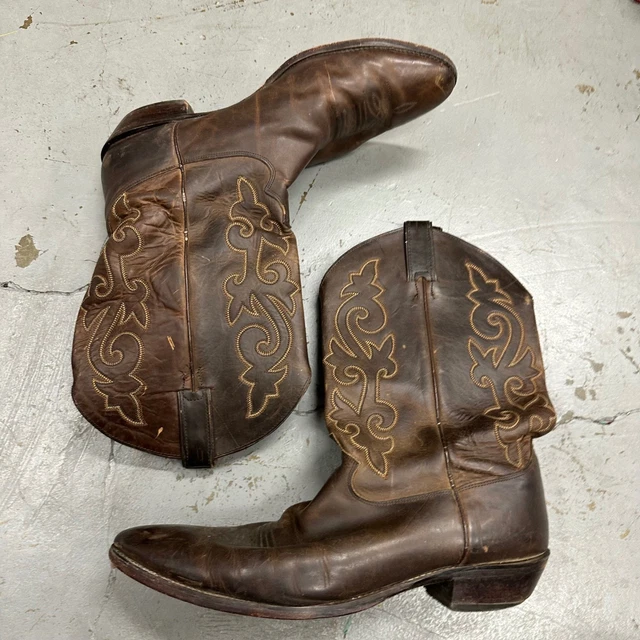 MENS WESTERN COWBOY Boots Brown Leather Stitching Round Toe Pull On £66 ...