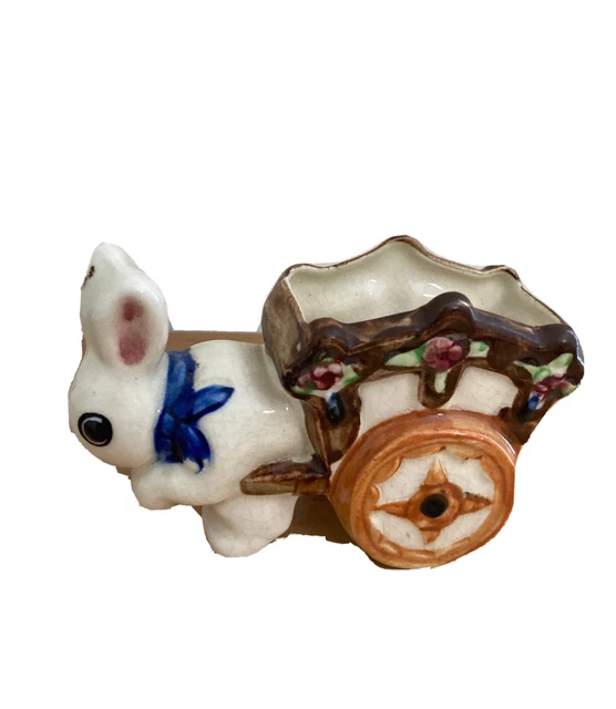 VINTAGE SMALL BUNNY Rabbit Pulling A Cart Indoor Ceramic Planter Decor ...