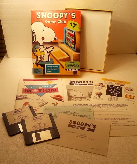 SNOOPY'S GAME CLUB Vintage PC IBM Floppy Disc Original Box 1992 WS2 ...