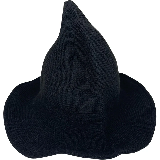 HANDMADE BLACK KNIT Witch Hat Wide Wired Brim Pointed Halloween ...