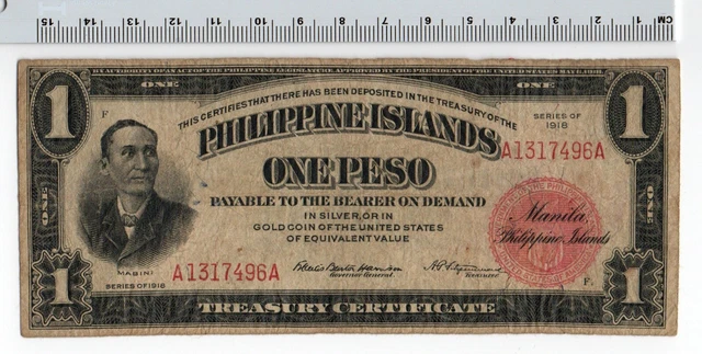 1918 PHILIPPINE ISLANDS One Peso Treasury Certificate note $190.00 ...