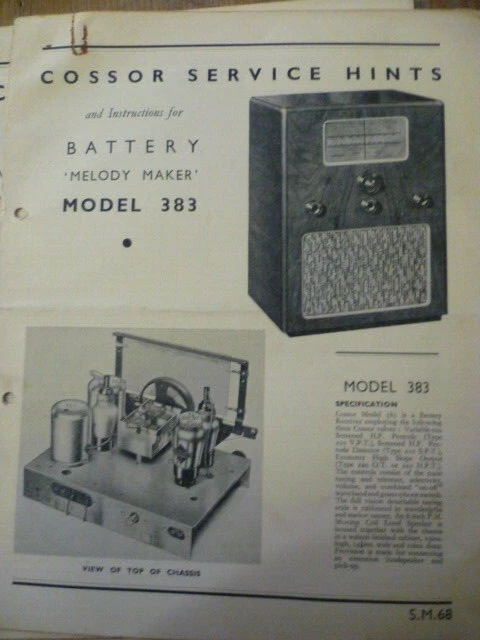 COSSOR 388 A.C Mains Melody Maker Wireless ORIGINAL Service Manual £5. ...