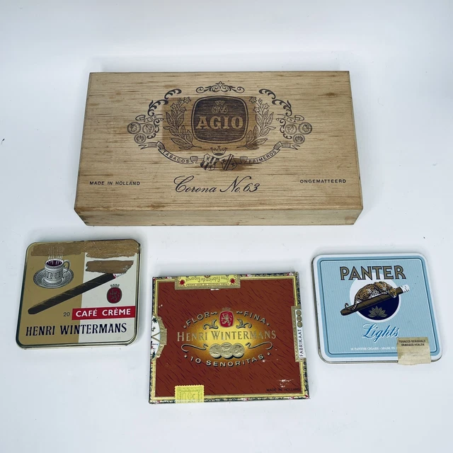4 X VINTAGE Cigar Boxes Wooden Tin Metal AGIO Panter Henri Wintermans ...