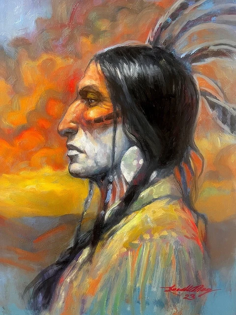 ORIGINAL OIL PAINTING Native American Indian Lakota Warrior WESTERN ART ...