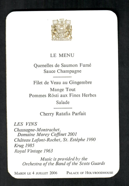 ROYAL MENU QUEEN Elizabeth Ii Palace Of Holyrood House 2006 Dinner ...