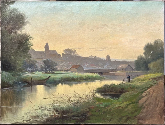 19TH CENT. BARBIZON School Original Antique Oil Painting Riverscape ...