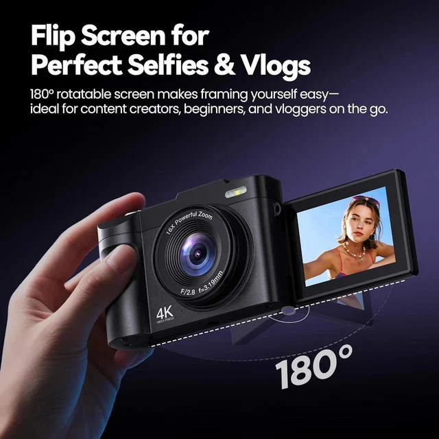 4K DIGITAL CAMERA 50MP Vlogging Camera 16X Zoom Flip Screen Anti Shake ...