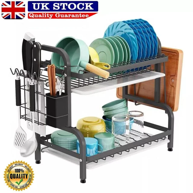 2 TIER DISH Drainer Rack with Drip Tray Cutlery Holder Plate Rack ...