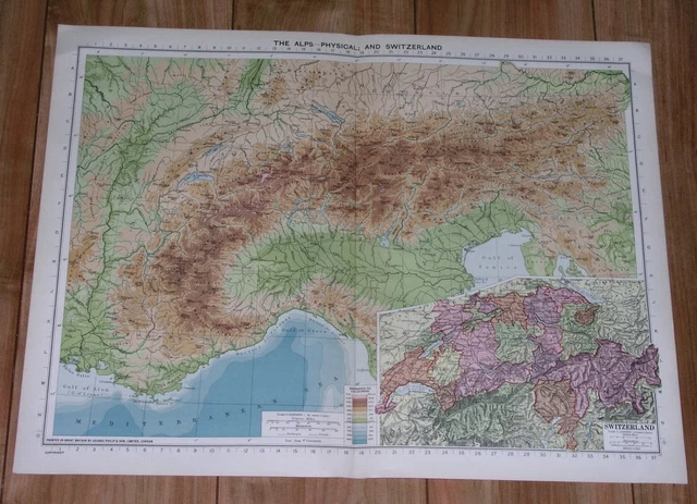 1940 ORIGINAL VINTAGE Wwii Physical Map Of Alps / Switzerland Italy £18 ...