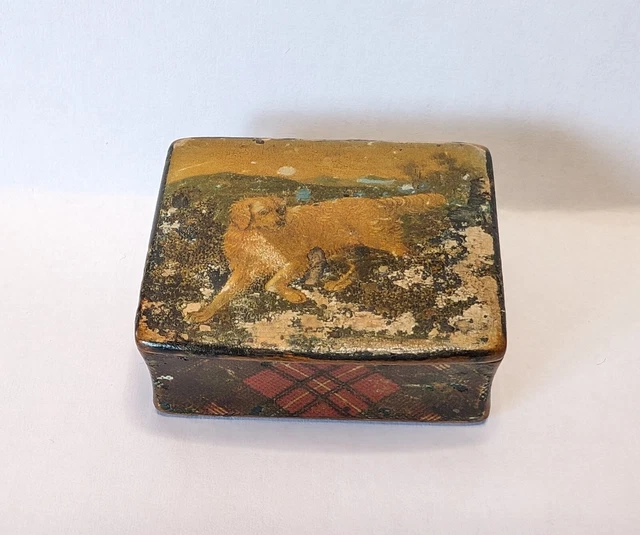 SNUFF BOX ANTIQUE Victorian Tartan Ware Hand Painted Dog by C Stiven ...