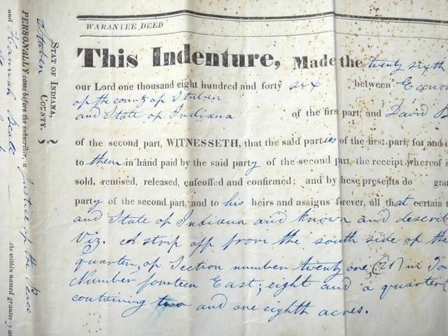 1844 ANTIQUE DEED~ENOS/HANNAH BEALL beale DAVID BAILEY stuben in ...