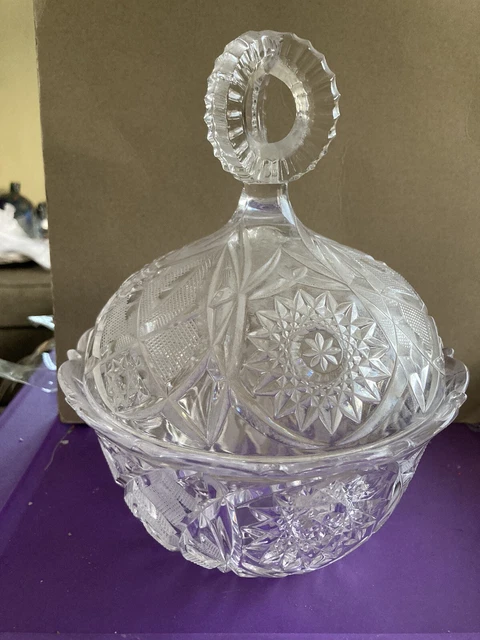 VINTAGE CLEAR LEAD Crystal Glass Orb Finial Lidded Round Candy Dish ...