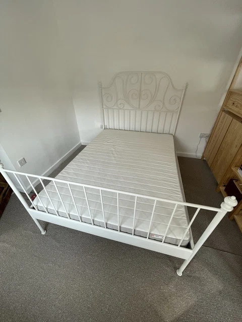 IKEA LEIRVIK WHITE Metal Double Bed Frame With Hasflo Mattress £103.68 ...