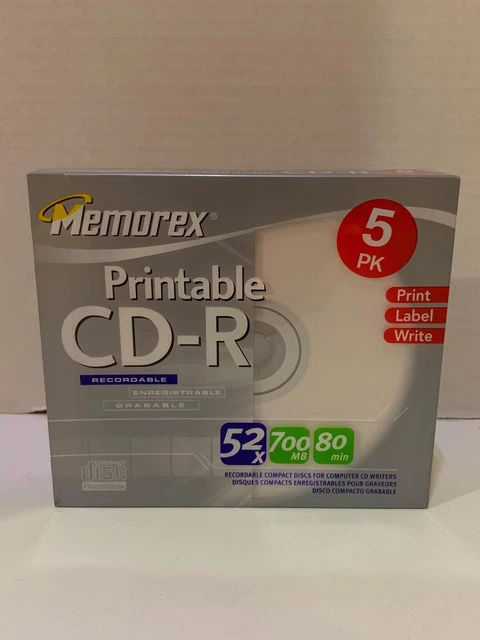MEMOREX PRINTABLE BLANK CD-R 5 Pack 52x 700 MB 80 Min BRAND NEW IN ...