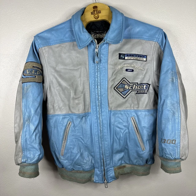 SCHOTT JACKET XL Mens Racing Grey & Blue Leather Made In The USA NYC ...