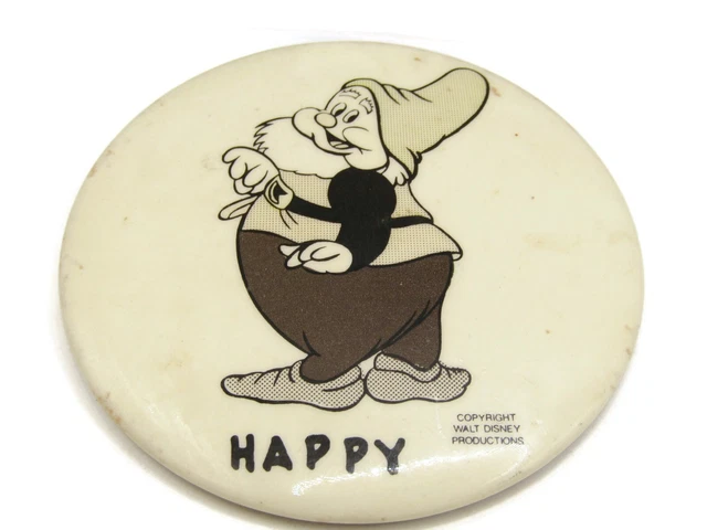 SNOW WHITE HAPPY Dwarf Pin Button Disney Large Vintage $25.00 - PicClick