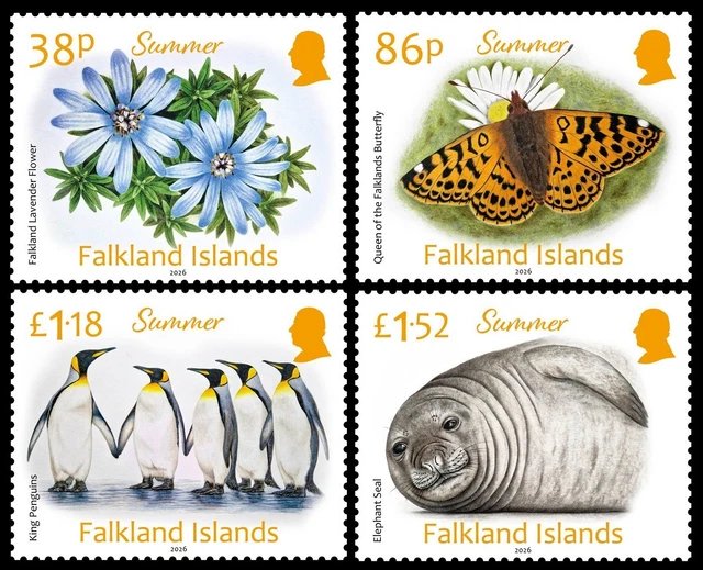 ISOLE FALKLAND 2026 Uccellini Farfalle Fiori Foca Stagione Estate EUR 9 ...