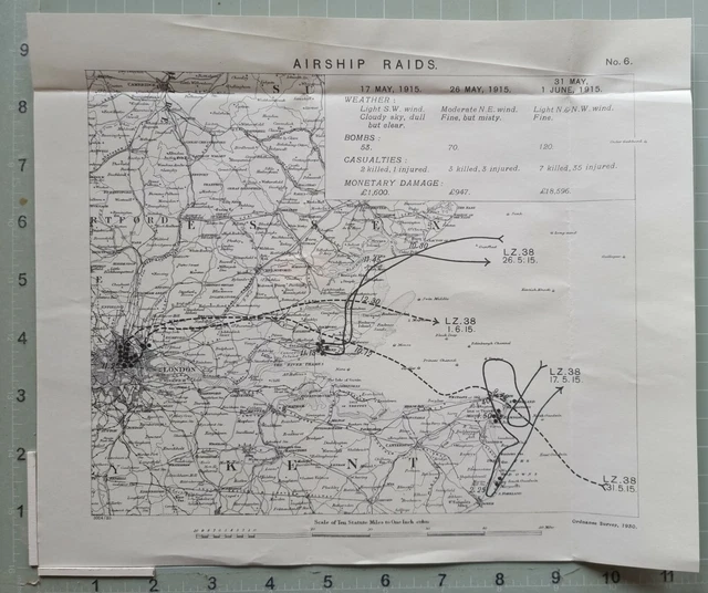 1930 WW1 MAP ZEPPELIN ENGLAND AIRSHIP RAIDS 17th MAY 26th may 31st JUNE ...